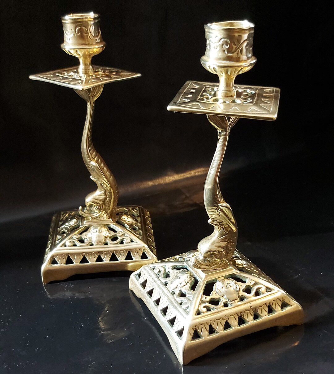 Victorian Cast Brass Matched Pair of roman Style Dolphin Column ...