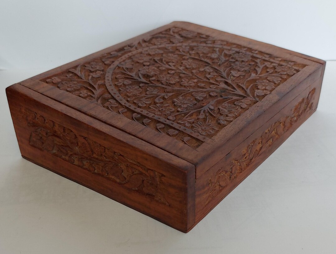 Hand Carved Floral Slanting Teak Box - 24.2cm Wide. - Etsy