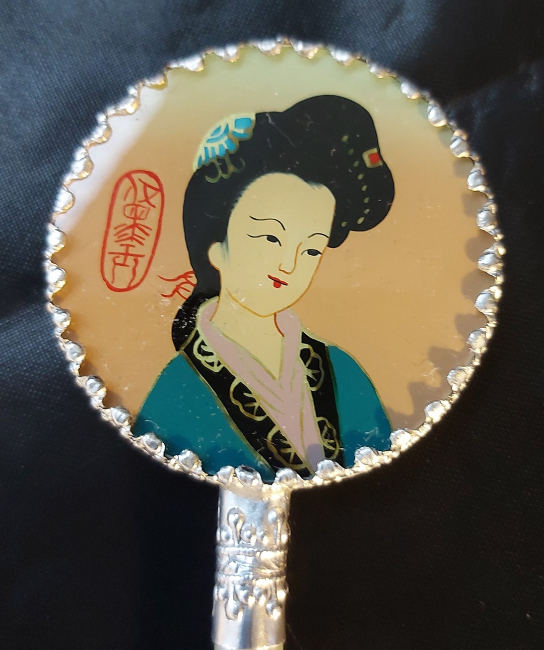 Chinese Hand Mirror With Sterling Silver Frame & Collar and Jade Handle ...