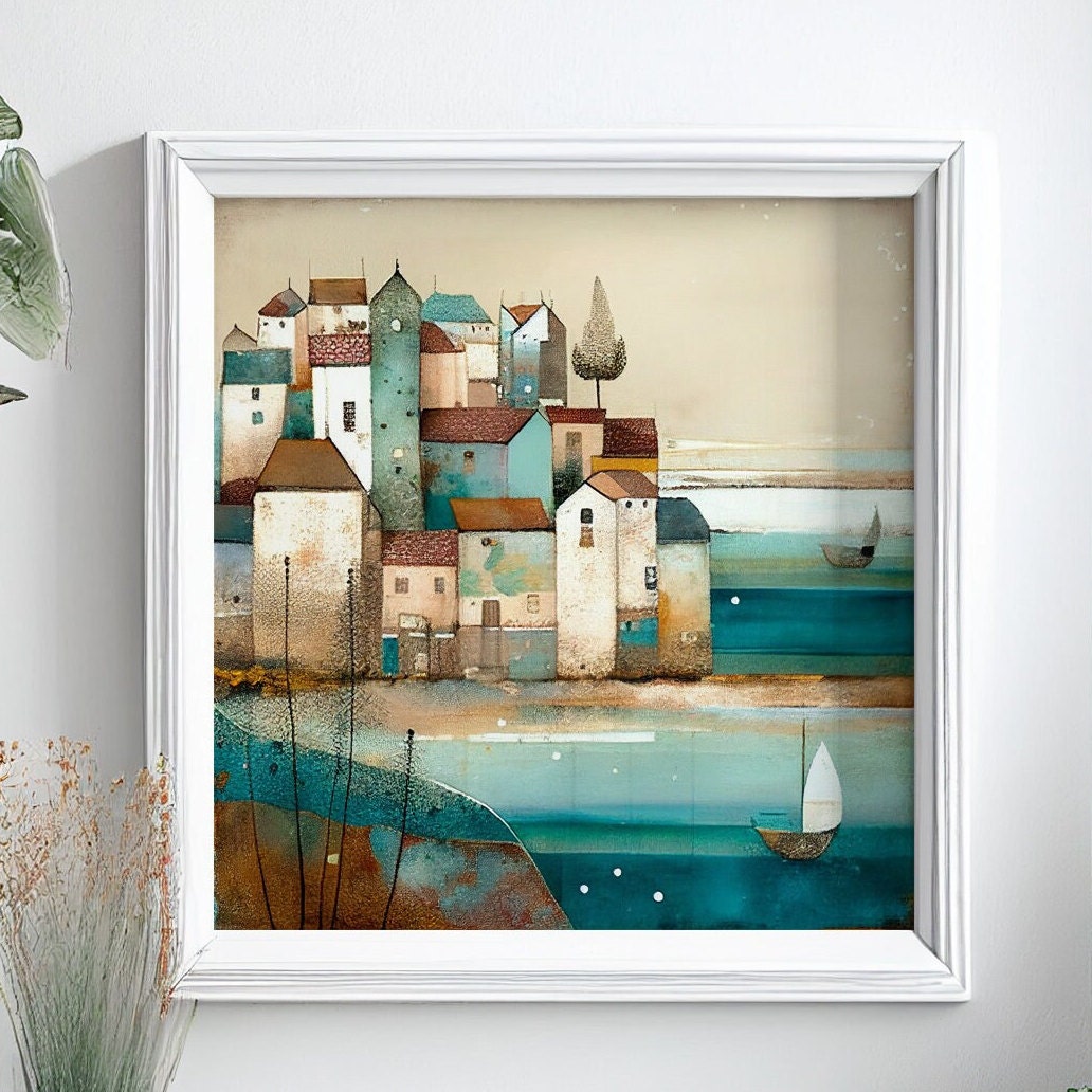 Coastal Village Print, Abstract Seaside Town, Cornish Art - Etsy UK