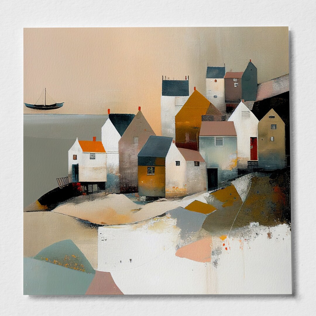 Pretty Coastal Village, Abstract Fishing Village Painting, Cornish ...