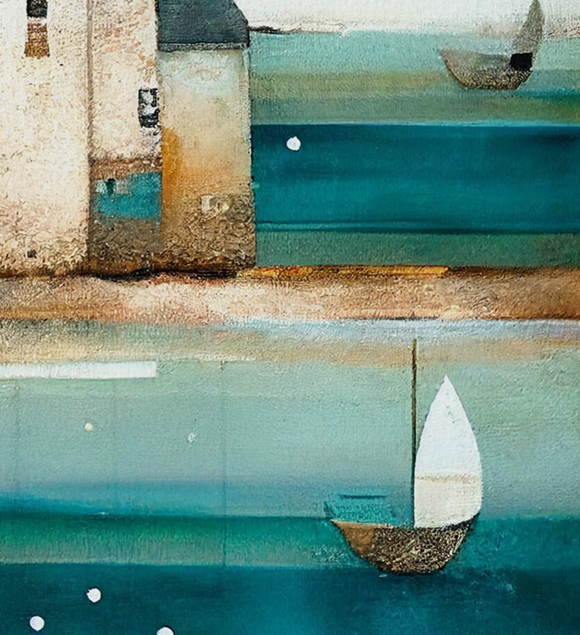 Pretty Coastal Village, Abstract Fishing Village Painting, Cornish ...