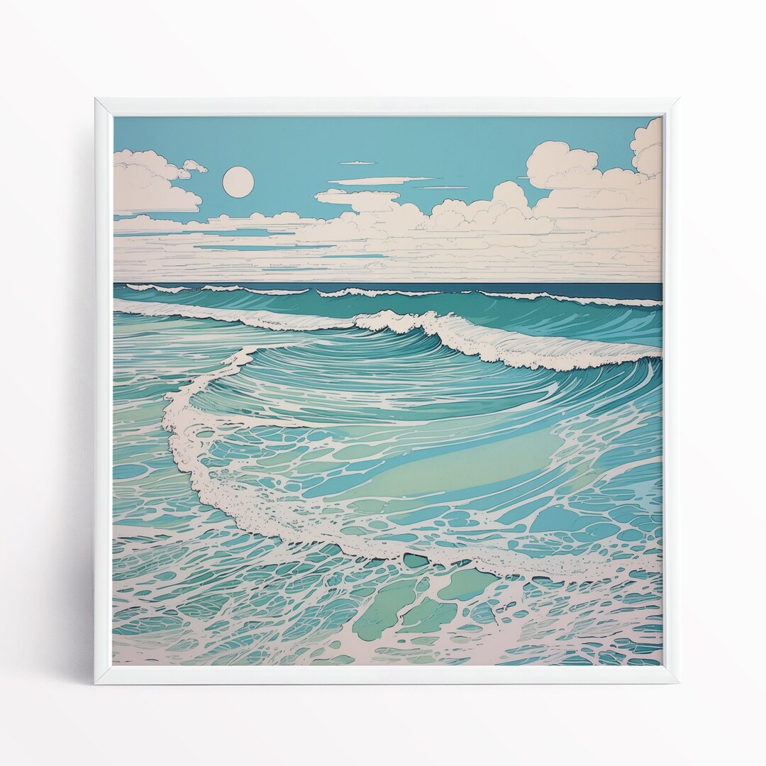 Vintage Style Poster of Waves of the Ocean, Beach Illustration ...