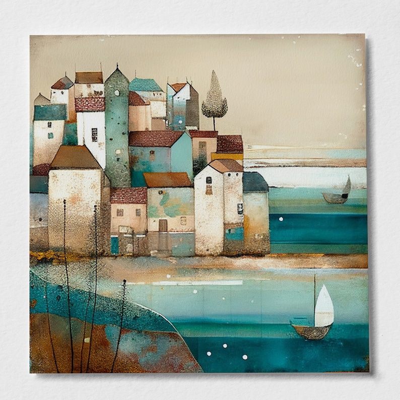 Pretty Coastal Village, Abstract Fishing Village Painting, Cornish ...