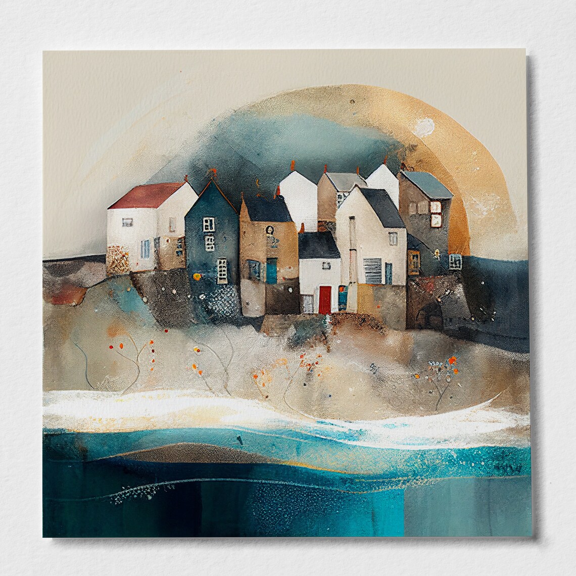 Abstract Fishing Village Painting, Pretty Coastal Village, Cornish ...