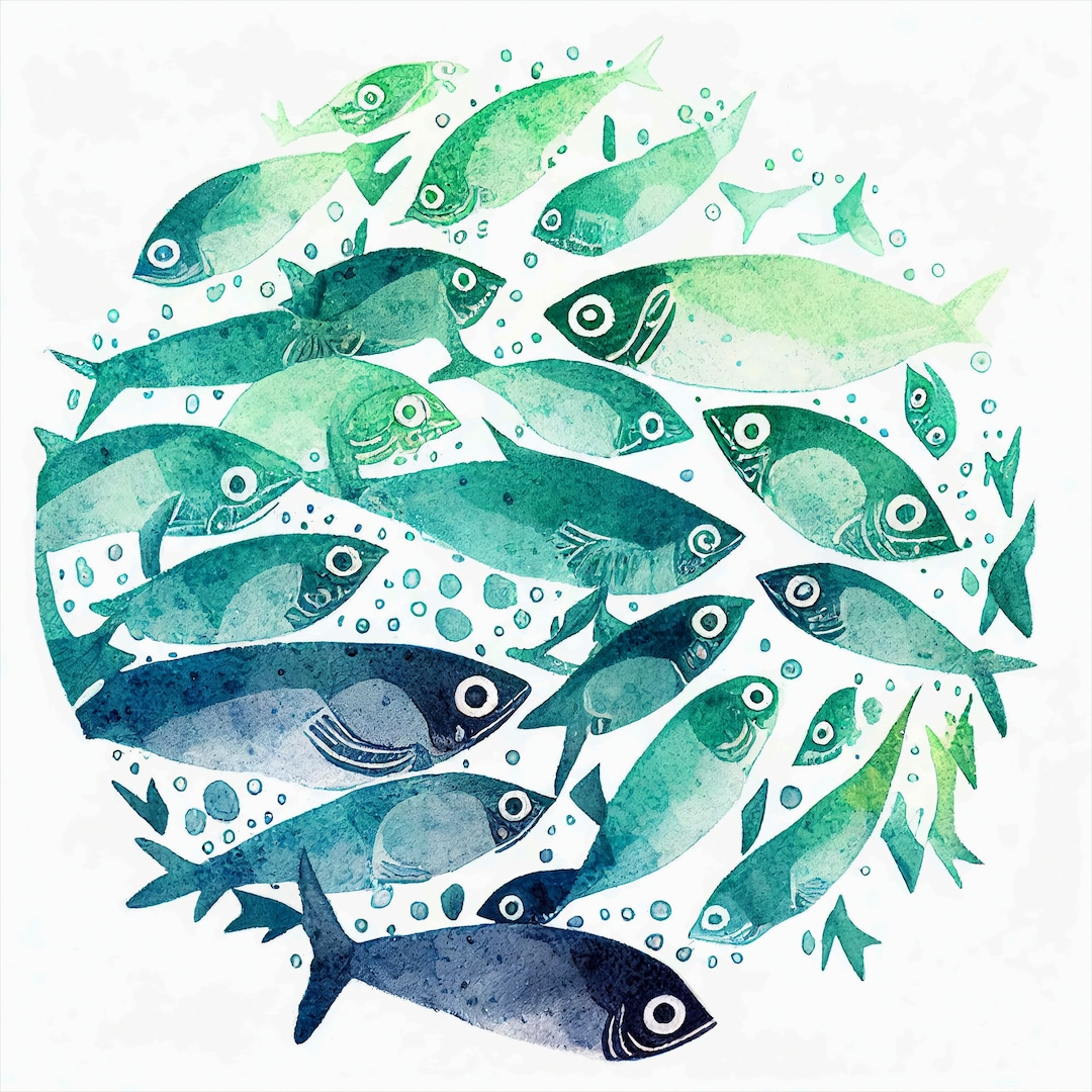 Watercolour Fish Painting Illustrations, Abstract School of Fish Art ...
