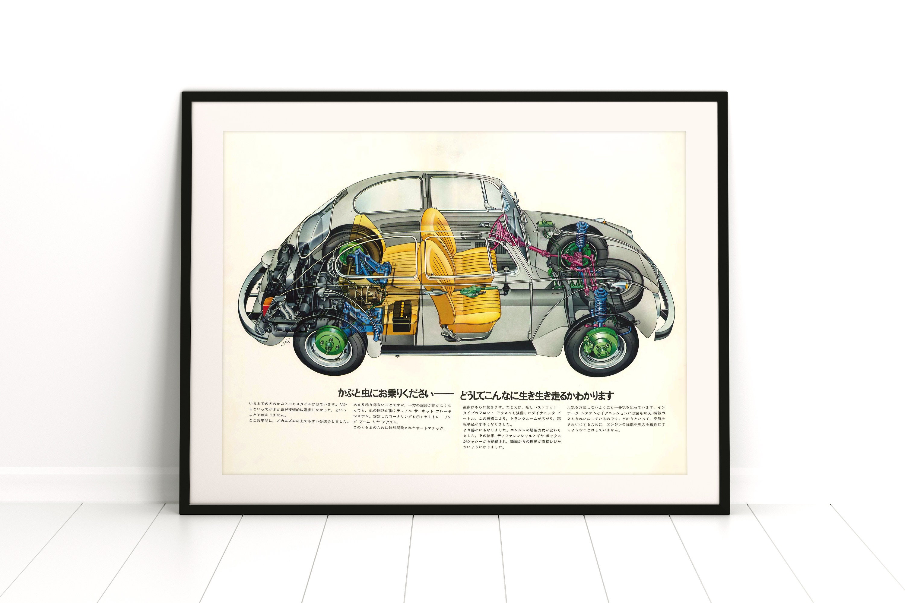 VW Beetle Japanese Artwork Diagram Volkswagen, Poster Car Print, Retro ...