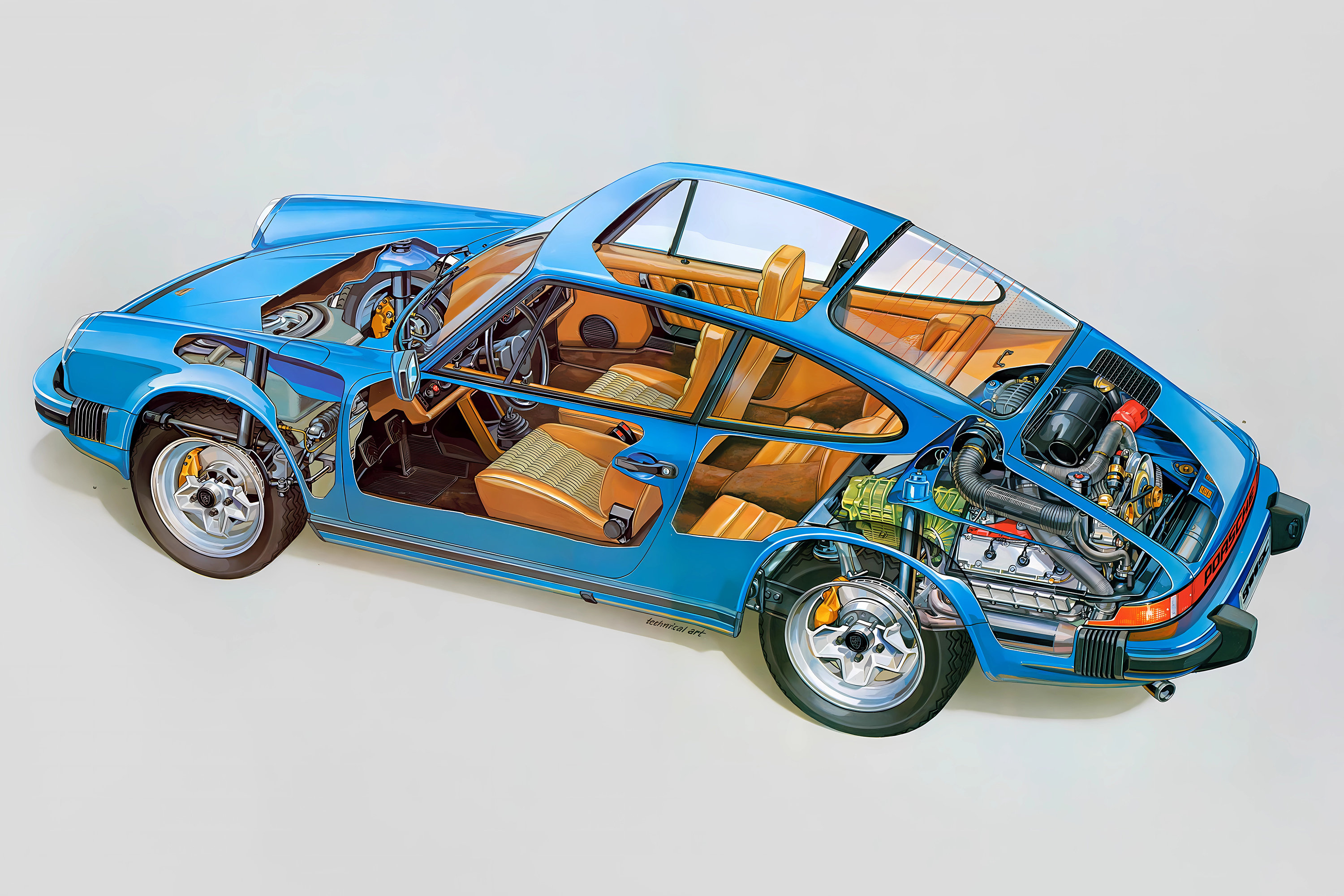 Porsche 911 Cutaway Illustration Poster - Car Illustration Print, Car ...