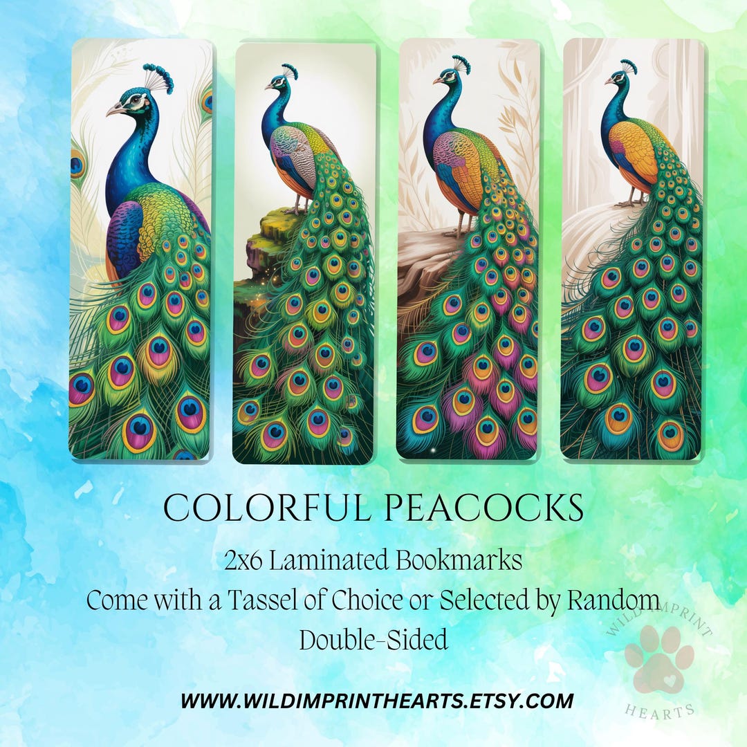 Peacock Laminated Bookmarks, Vibrant Bird Art Bookmark, Elegant Feather ...