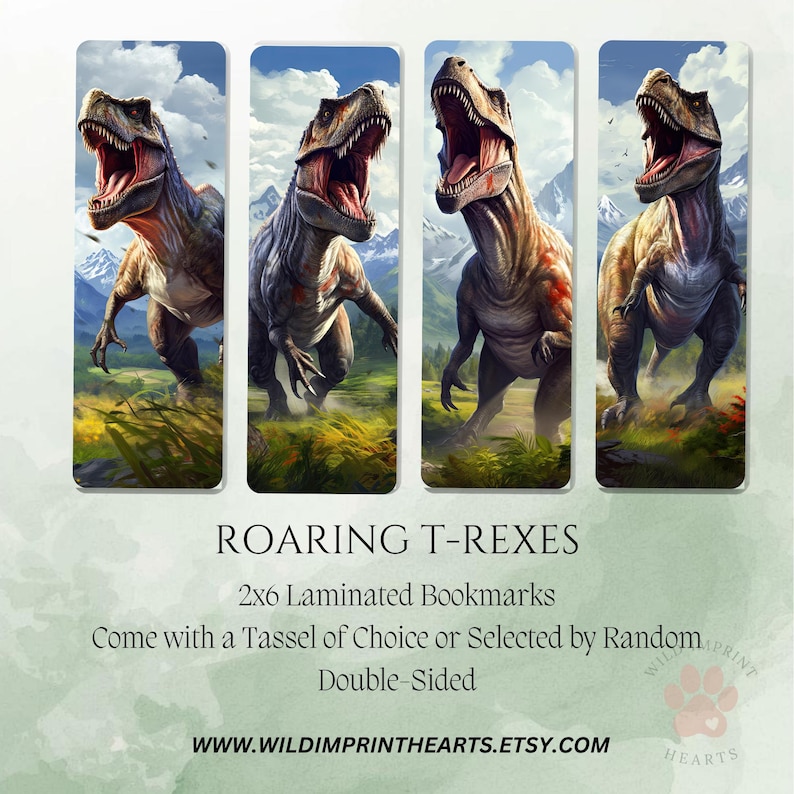Roaring T-rex Bookmarks, Laminated Dinosaur Art, Optional Tassel - Etsy