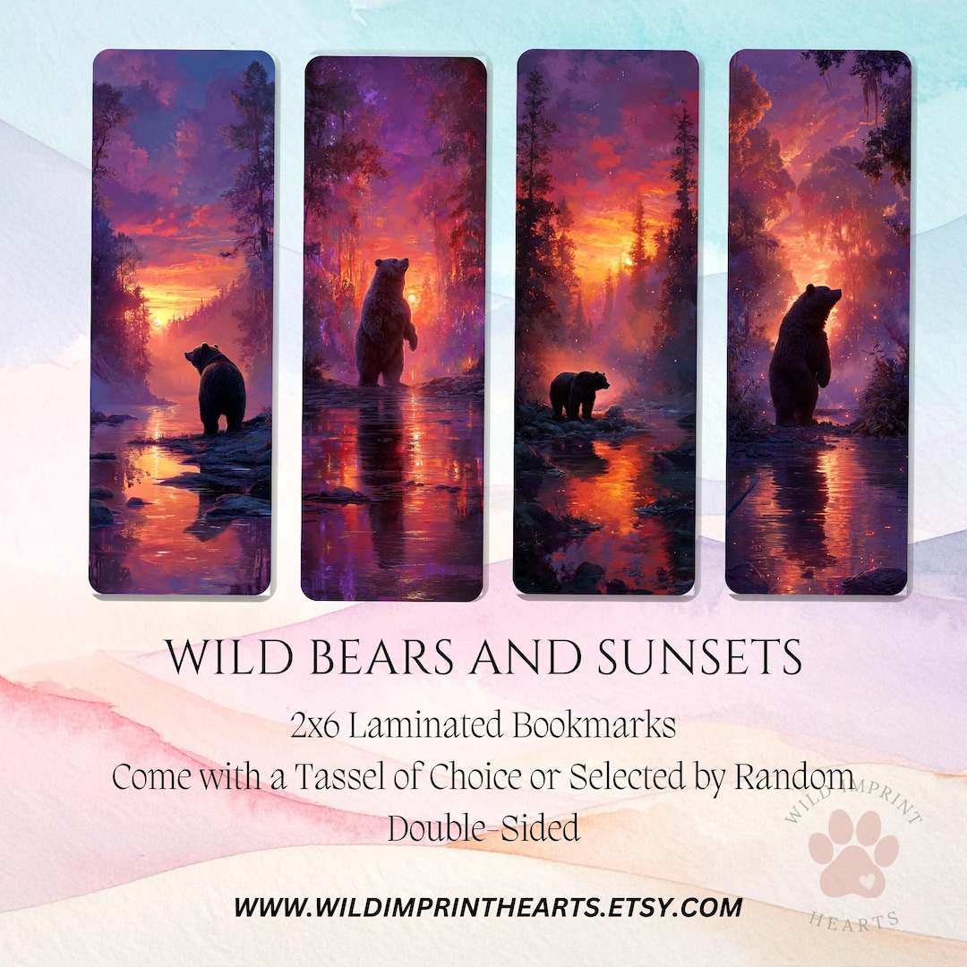 Wild Bears and Sunsets Laminated Bookmarks, Forest Wildlife Art, Sunset ...