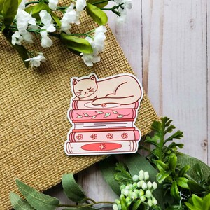 Cat Pink Floral Books Vinyl Sticker, Book Sticker, Bookish Merch, Book ...