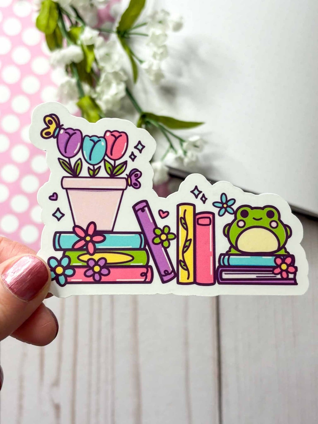 Floral Bookshelf Frog Vinyl Sticker: Bookish Kindle Sticker - Etsy