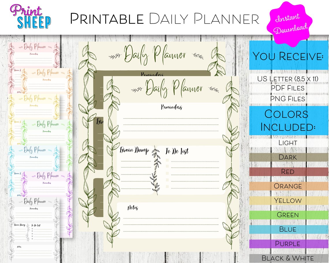 Printable Daily Planner (digital Download) | Leaf Design | 9 Color ...