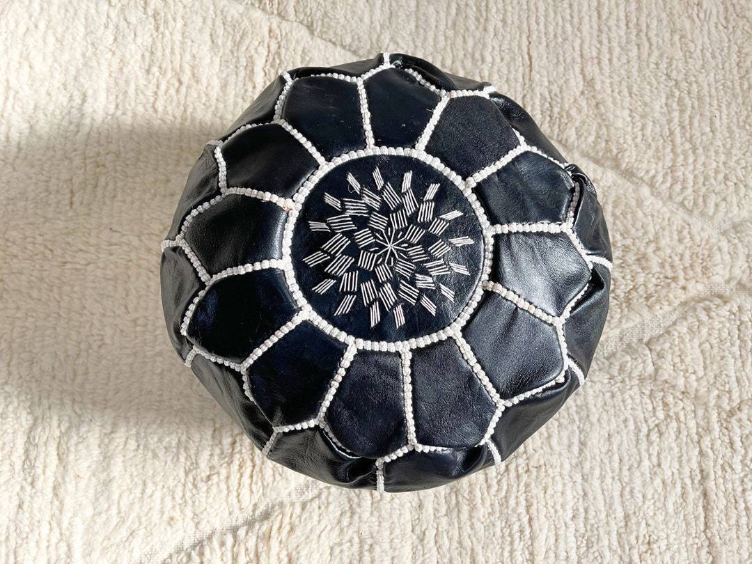 Black Moroccan Leather Pouf Ottoman: Handcrafted Floor Cushion - Etsy