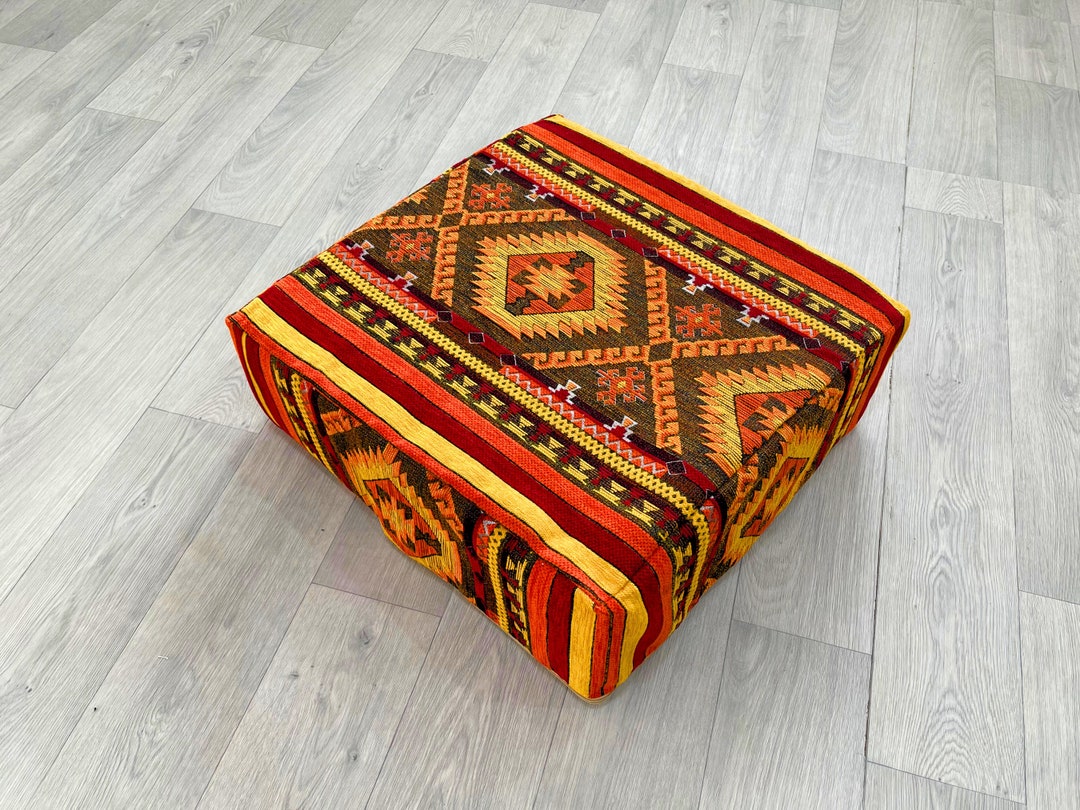 Set of 2 Berber Kilim Pouffe, Vintage Moroccan Pouf Ottoman, Outdoor ...