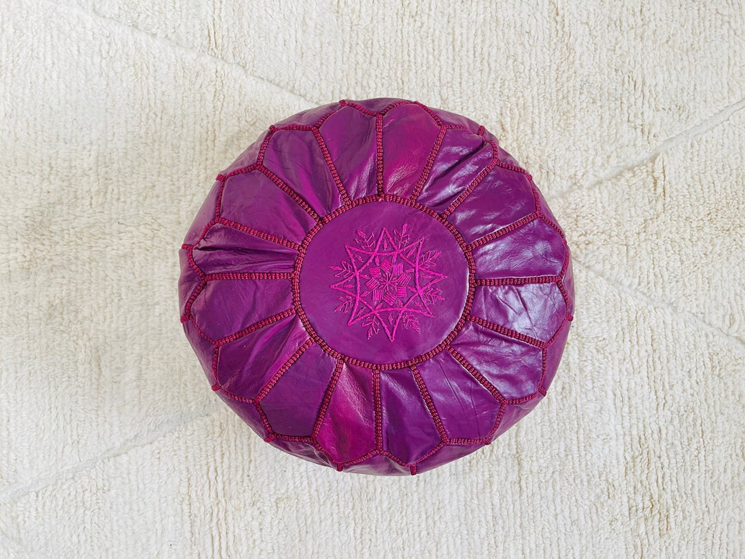 Purple Moroccan Leather Pouf Ottoman, Handmade Leather Pouffe, Boho ...
