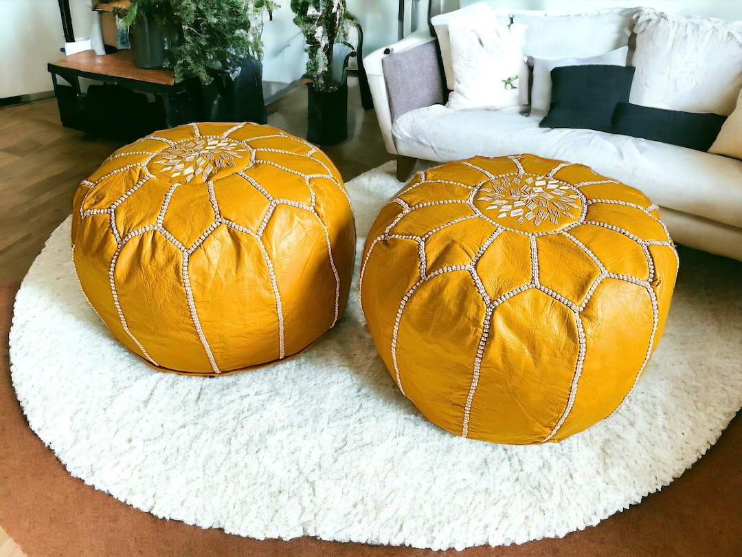 Set of 2 Moroccan Leather Ottoman Pouf, Yellow Kelim Leather Pouf ...