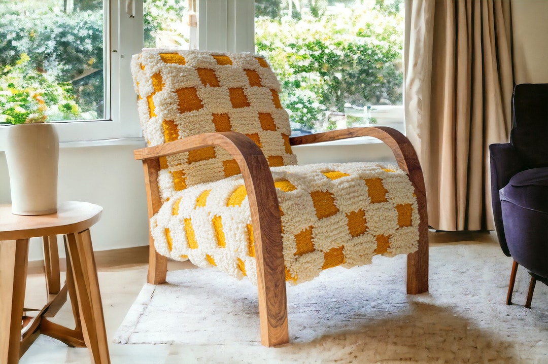 Mid Century Wooden Chair Sessel, Moroccan Kilim Rug Armchair, Retro ...