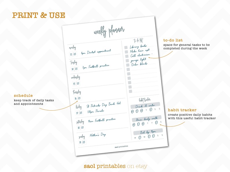 Weekly Planner Blue Grey // Printable Undated Weekly Planner, A4 Size ...