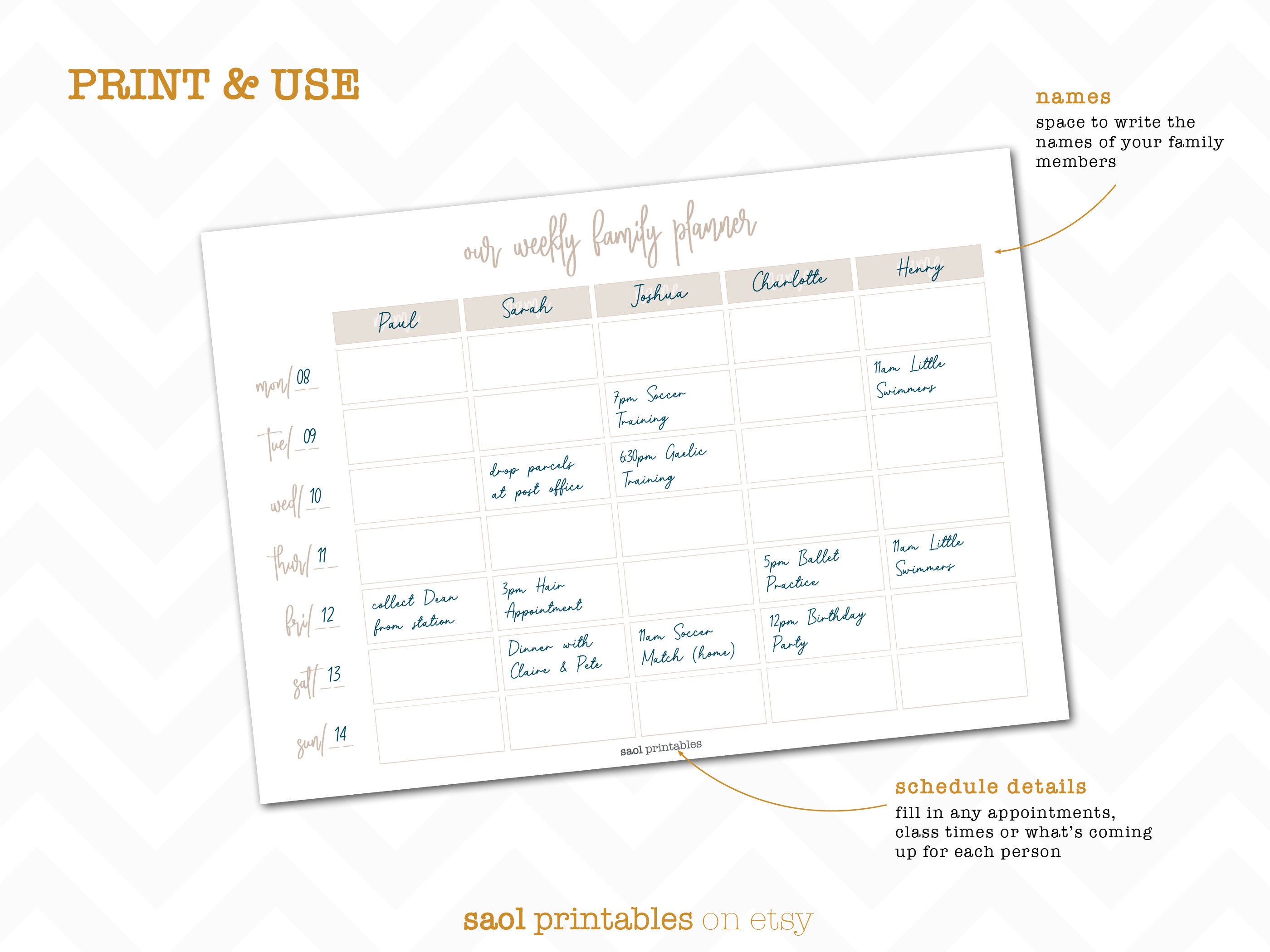 Weekly Family Planner Cream // Printable Weekly Planner A4 - Etsy