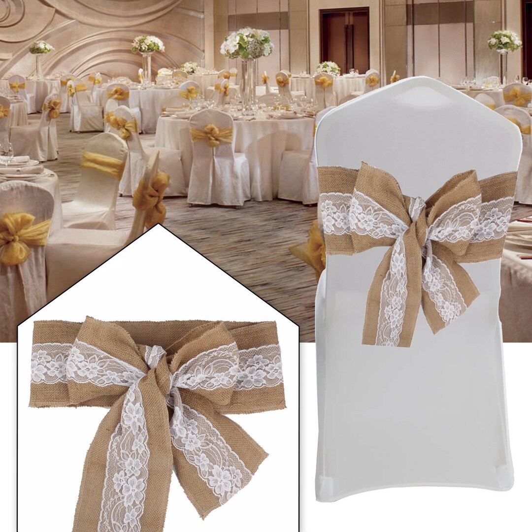 Burlap Hessian Rustic Chair Bow Sashes With White Lace for - Etsy