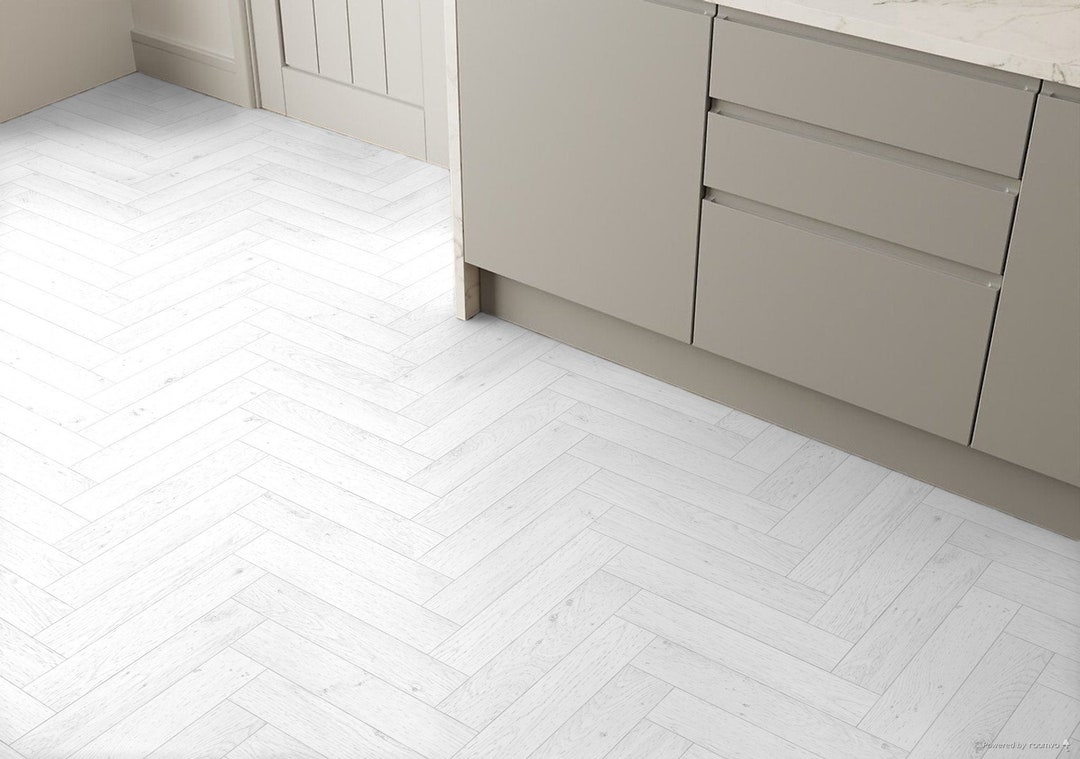 White Parquet Sheet Vinyl Flooring Roll in Wood Effect Herringbone ...