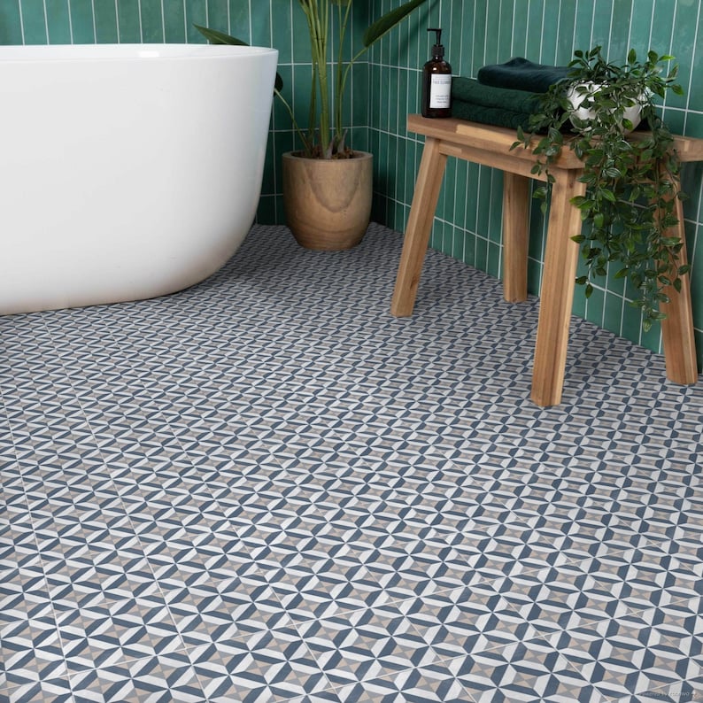 Blue Vinyl Flooring Sheet in Geometric Tile Design for Kitchens and ...