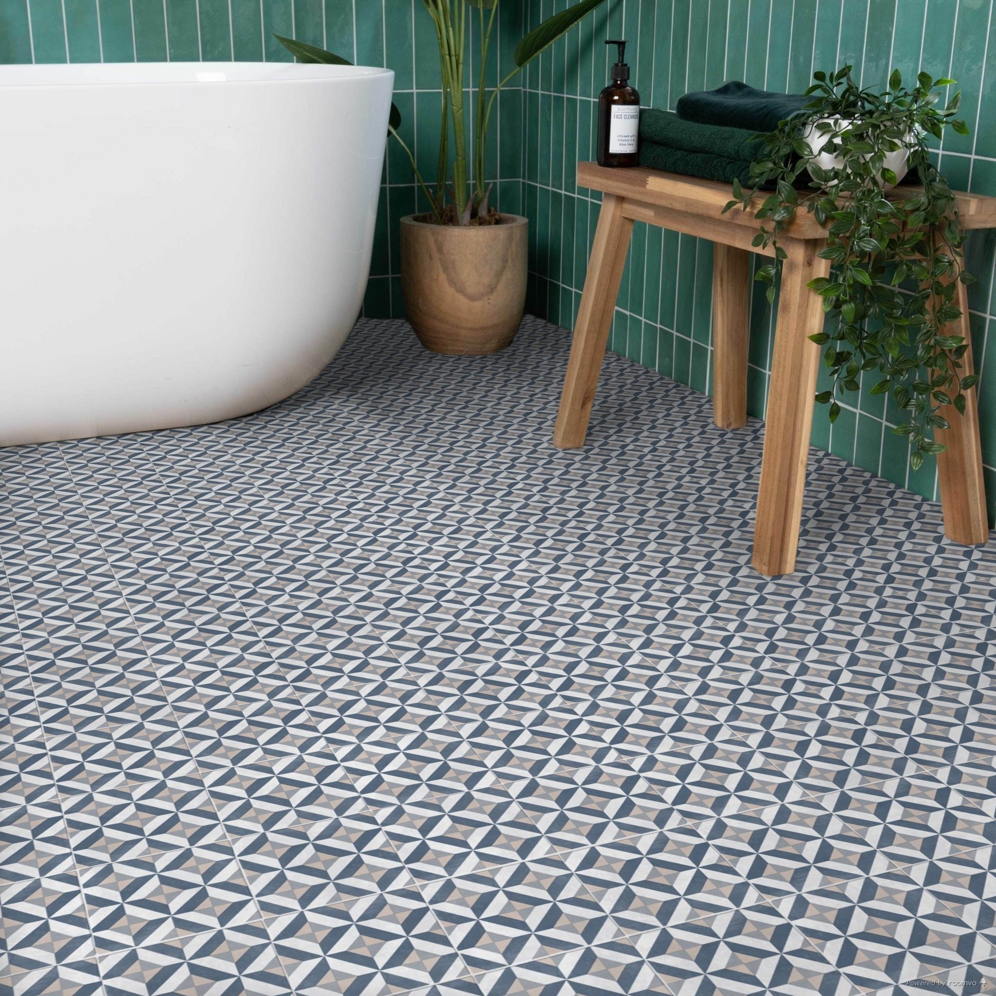 Blue Vinyl Flooring Sheet in Geometric Tile Design for Kitchens and ...