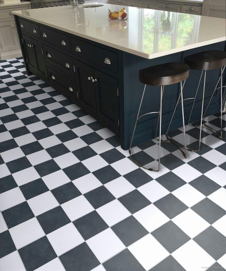 Checkerboard Sheet Vinyl Flooring Lino in Black and White Tile Effect ...