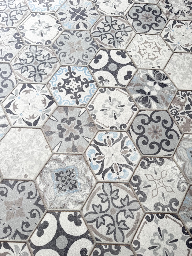 Hexagon Tile Effect Sheet Vinyl Flooring in Antique Shabby Chic Pattern ...