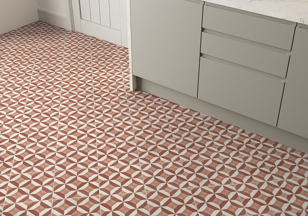 Pink and Red Sheet Vinyl Flooring Lino in Geometric Mosaic Tile Design ...
