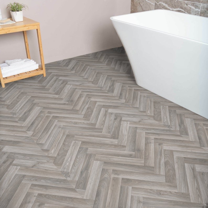 Grey Herringbone Sheet Vinyl Flooring in Parquet Wood Effect Design for Kitchen, Bathroom and ...