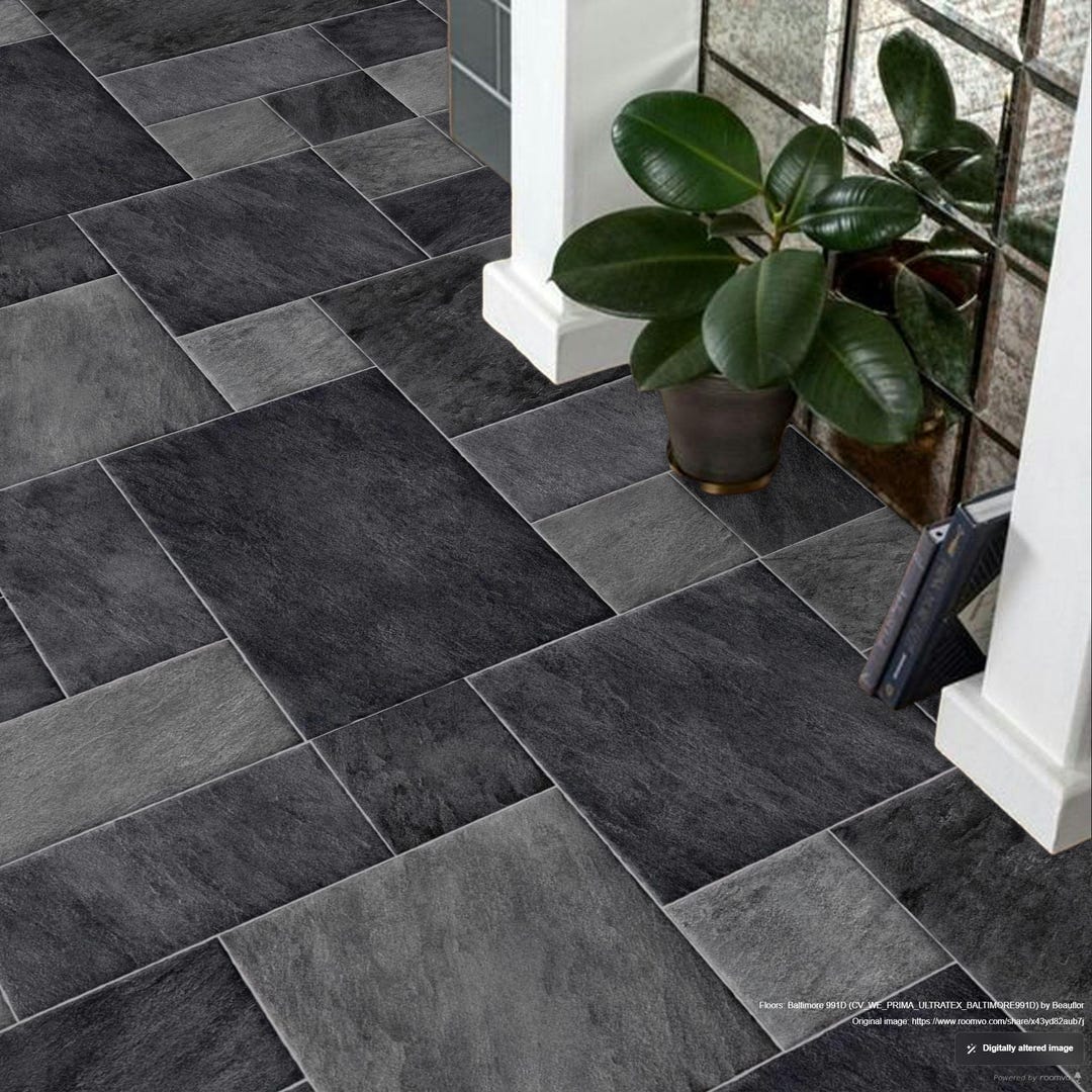 Felt Back Sheet Vinyl Flooring in Charcoal Slate Tile Effect Pattern ...