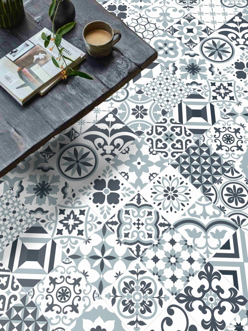 Patterned Sheet Vinyl Flooring Lino in Green Moroccan Tile Effect for ...