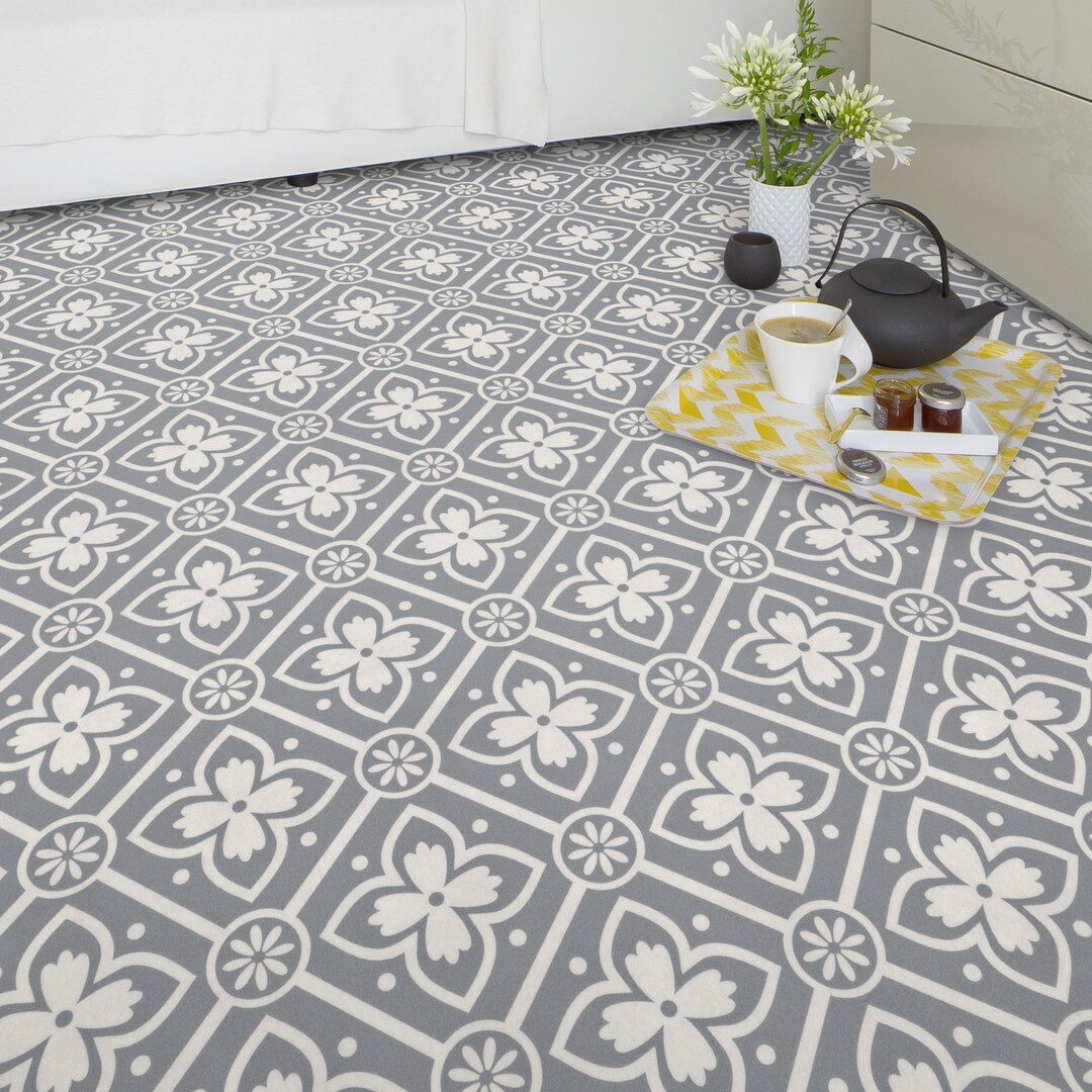 Vinyl Sheet Flooring in Grey Floral Tile Effect Pattern for Kitchen and ...