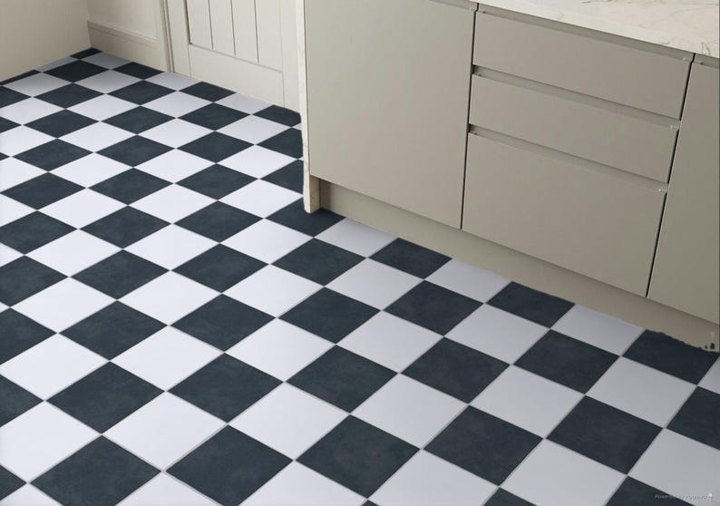 Check Tile Effect Vinyl Flooring Sheet Linoleum in Black and White ...