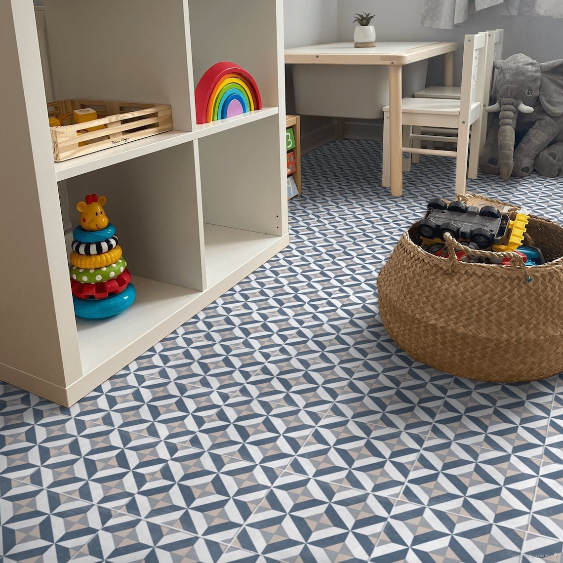 Blue Vinyl Flooring Sheet in Geometric Tile Design for Kitchens and ...