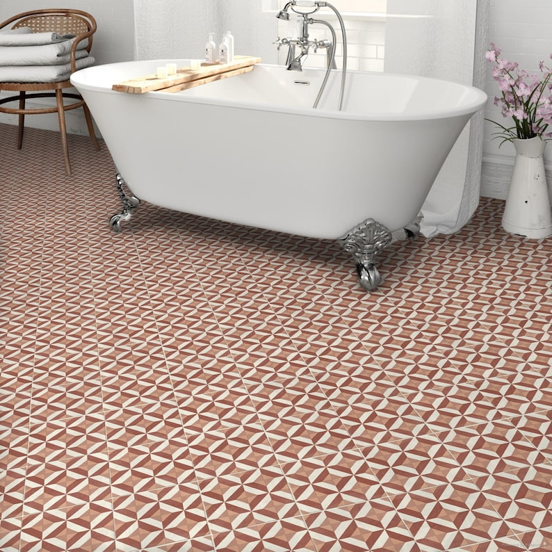 Pink and Red Sheet Vinyl Flooring Lino in Geometric Mosaic Tile Design ...