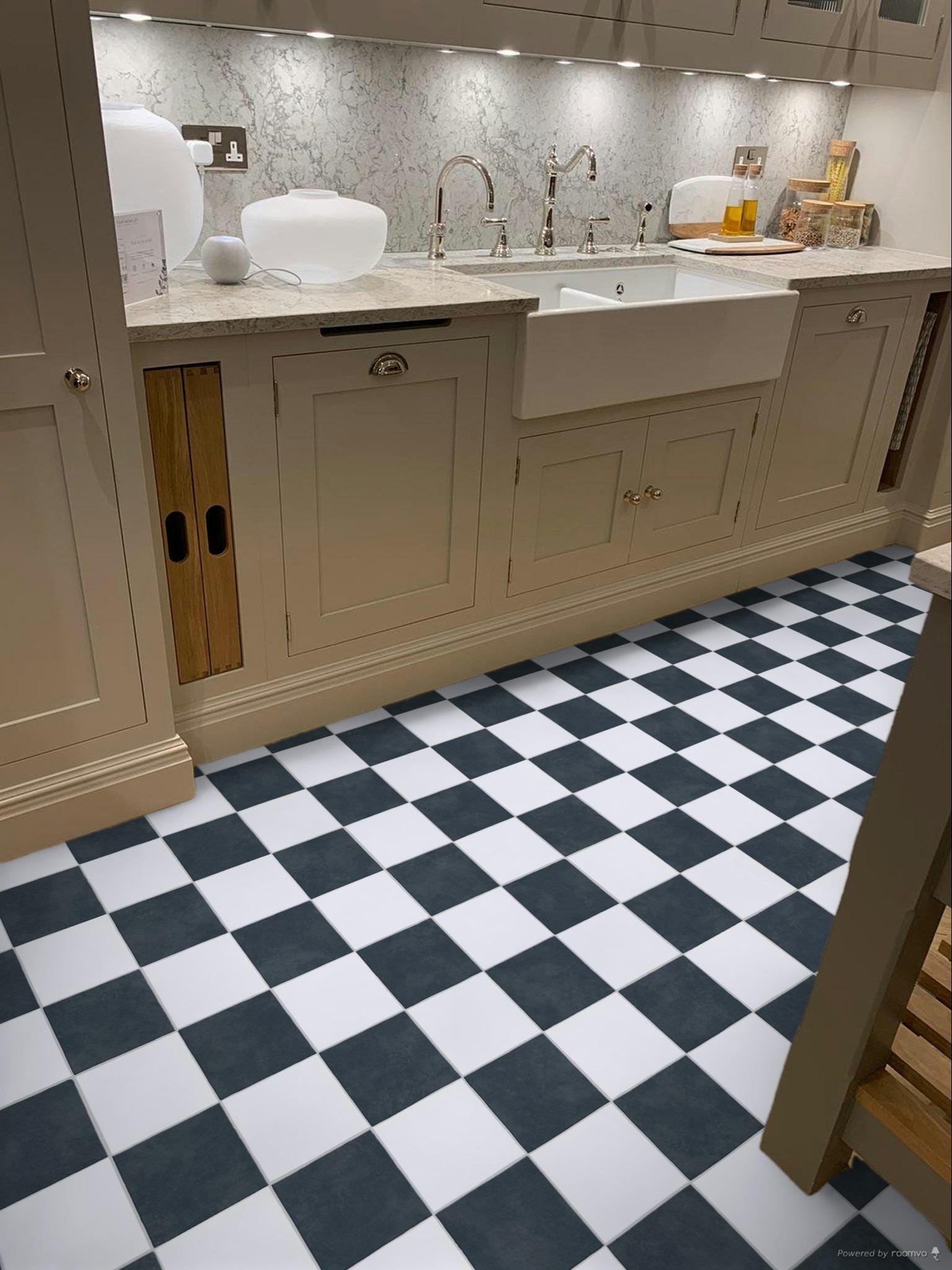Checkerboard Sheet Vinyl Flooring Lino in Black and White Tile Effect ...