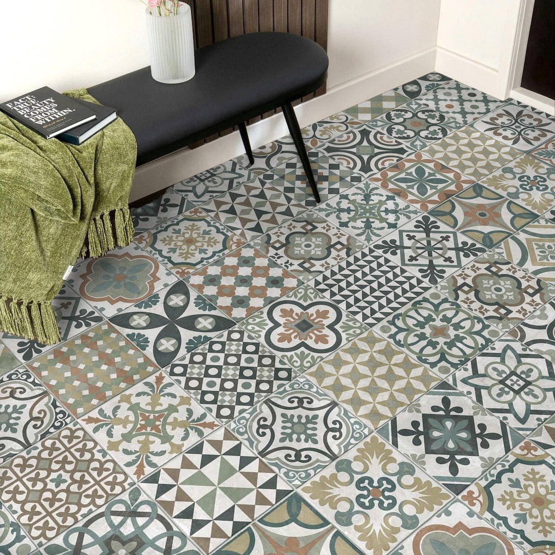 Moroccan Tile Effect Sheet Vinyl, Felt Back Multicoloured Cushioned ...