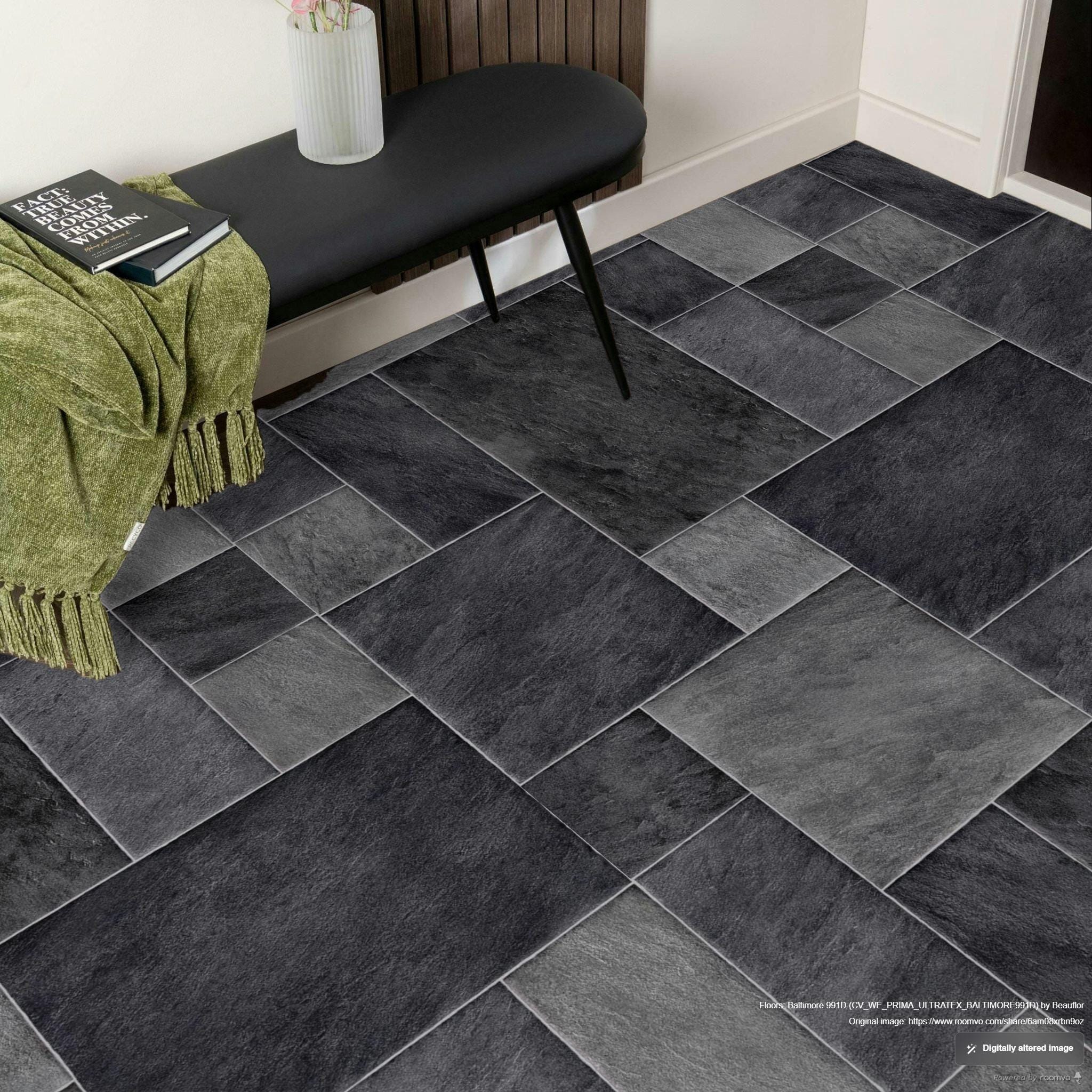 Felt Back Sheet Vinyl Flooring in Charcoal Slate Tile Effect Pattern ...