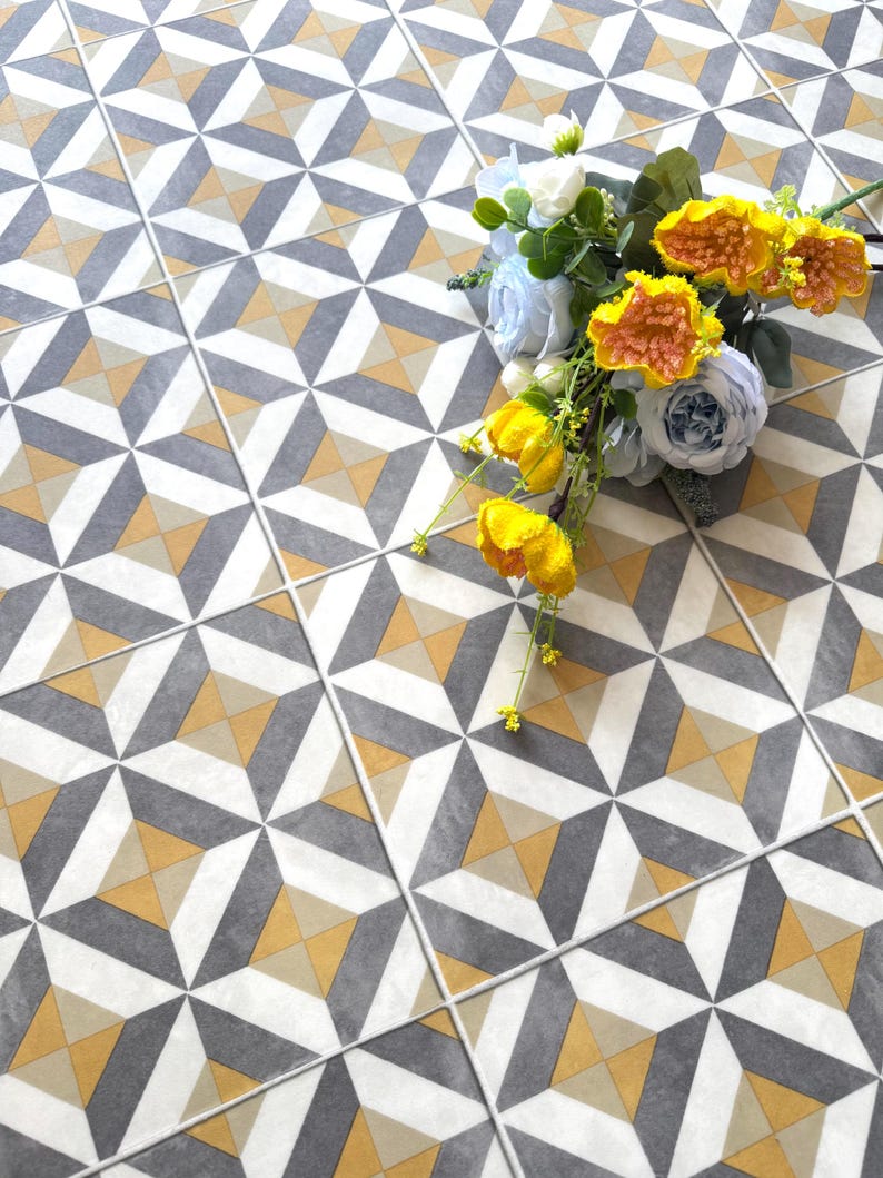 Tile Effect Sheet Vinyl Flooring in Geometric Pattern for Kitchen and ...