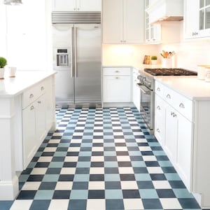 Blue and White Checkerboard Sheet Vinyl Flooring, Cushioned Tile Effect ...