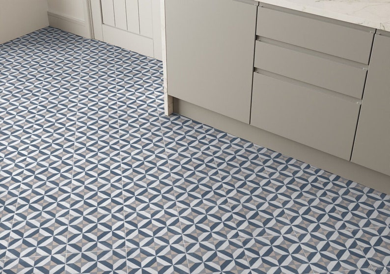 Blue Vinyl Flooring Sheet in Geometric Tile Design for Kitchens and ...