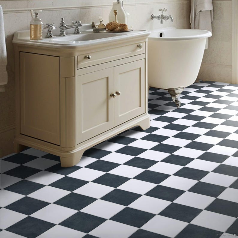 Check Tile Effect Vinyl Flooring Sheet Linoleum in Black and White ...