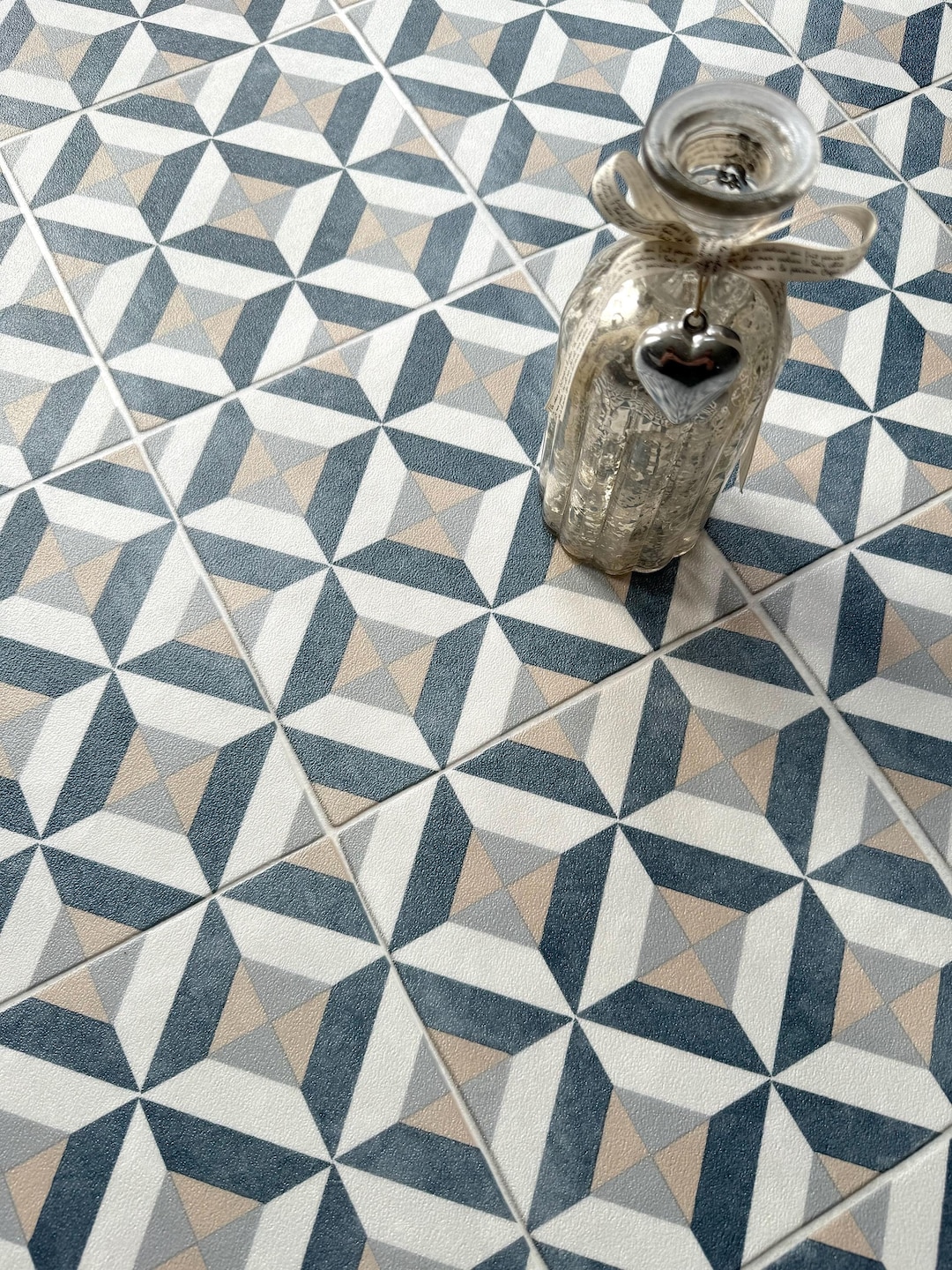 Blue Vinyl Flooring Sheet in Geometric Tile Design for Kitchens and ...