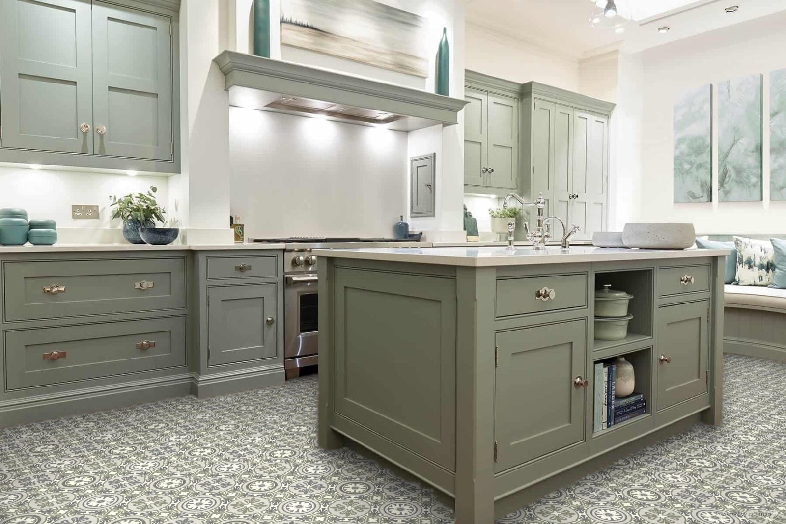 Green Sheet Vinyl Flooring Roll, Tile Effect Kitchen Lino, Moroccan ...