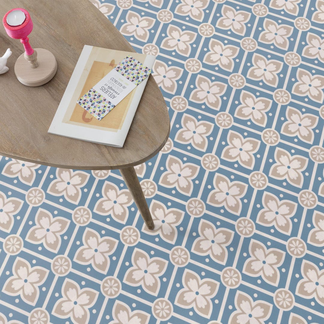 Blue Sheet Vinyl Flooring in Geometric Floral Tile Design for Bathroom ...