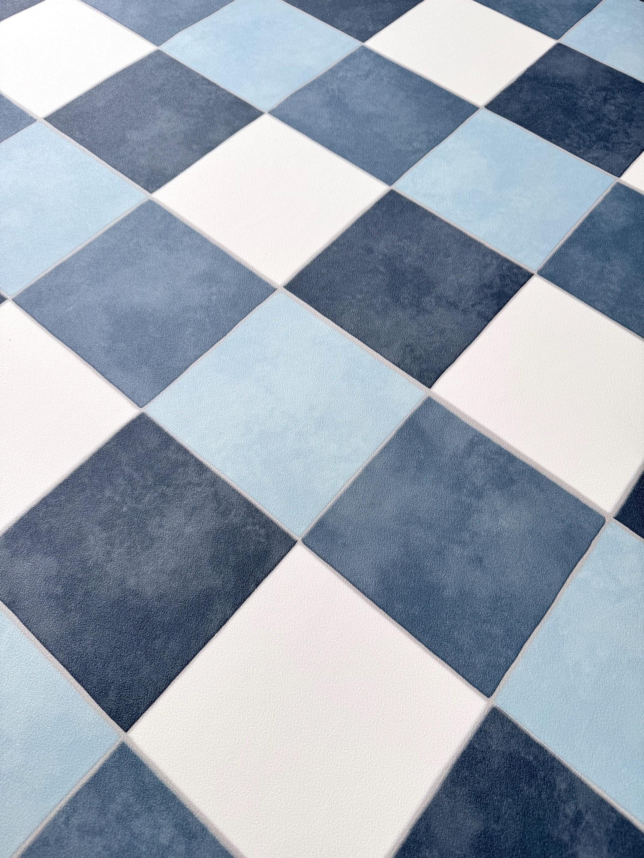 Blue and White Checkerboard Sheet Vinyl Flooring, Cushioned Tile Effect ...